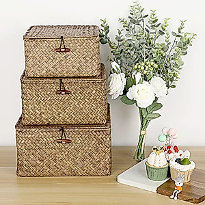 Hipiwe Wicker Shelf Baskets Bins with Lid Handwoven Storage Baskets Boxes Natural Seagrass Basket Box Home Decorative Household Organizer Bins Boxes for Shelf Organizing,Set of 3