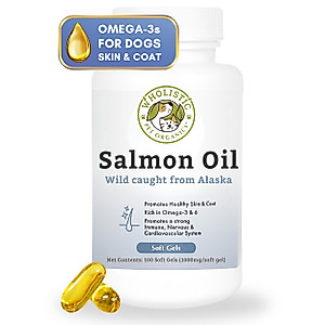 Wholistic Pet Organics Wild Alaskan Salmon Oil for Dogs - 100 Soft Gels - Rich Omega 3 Fish Oil with EPA & DHA for Skin, Coat, Joint, and Heart Health - Choice for Dog Skin & Coat Care