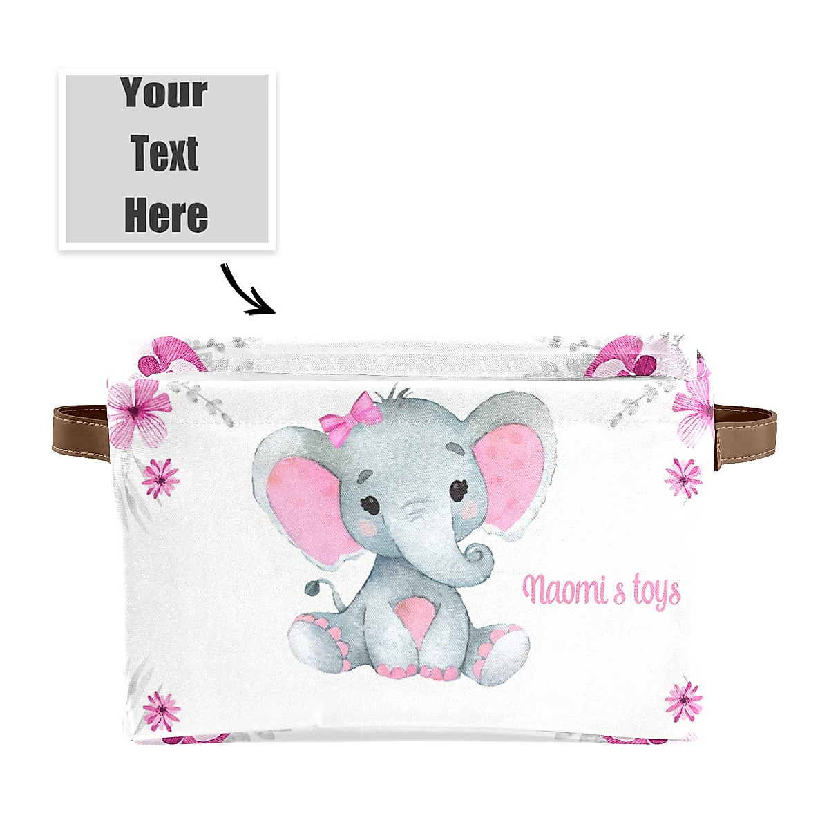 Joyestore Pink Elephant Personalized Storage Bins ,Baskets Cubes Organizer with Handle for Shelves Closet Nursery Toy 1 Pack