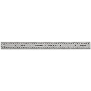 Mitutoyo 182-205, Steel Rule, 6" X 150mm, (1/32, 1/64", 1mm, 1/2mm), 1/64" Thick X 1/2" Wide, Satin Chrome Finish Tempered Stainless Steel