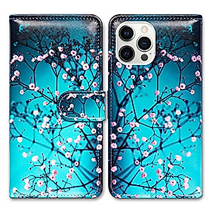 Bcov iPhone 14 Pro Max Case, Plum Blossom Flower Leather Flip Phone Case Wallet Cover with Card Slot Holder Kickstand for iPhone 14 Pro Max