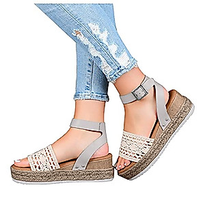Buckle Wedges Beach Breathable Women's Weave Strap Open Sandals Shoes Summer Toe High Heel Wedges Boots for Women (Grey, 6.5-7)