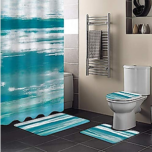 BestLives 4 Pcs Shower Curtain Sets with Rugs Abstract Turquoise Cyan Non-Slip Soft Toilet Lid Cover for Bathroom Ombre Turquoise Art Texture Bathroom Sets with Bath Mat and 12 Hooks