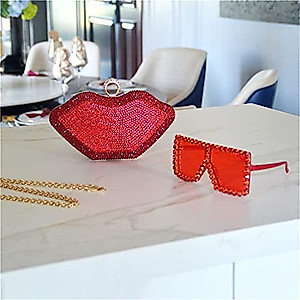 JU+ Women Lip Purses Evening Clutch Rhinestone Lips-Shaped Crossbody Bags Vintage Banquet Handbag(Red)