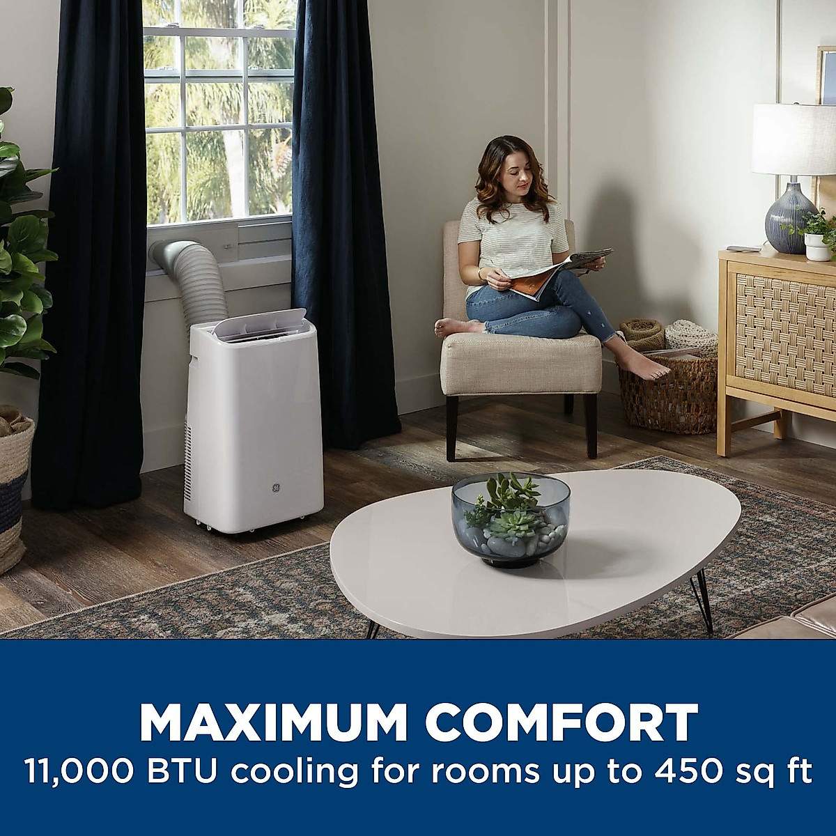 GE 11,000 BTU Portable Air Conditioner for Medium Rooms up to 450 sq ft. (7,800 BTU SACC), 3-in-1 with Dehumidify, Fan and Auto Evaporation, Included Window Installation Kit