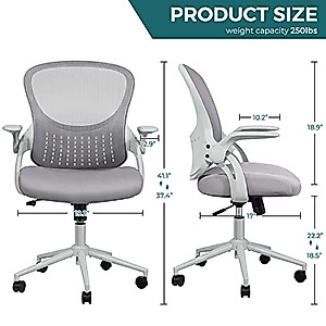SMUG Home Office Ergonomic Desk Mesh Computer Modern Height Adjustable Swivel Chair with Lumbar Support/Flip-up Arms, Grey, 23.8D x 23.2W x 39.8H