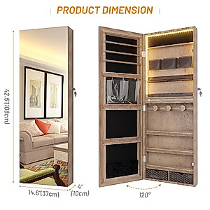 LVSOMT Wall Mount Mirror Jewelry Cabinet with LED Lights, Hanging/Over the Door Jewelry Organizer, Lockable Jewelry Armoire Mirror, Full Length Mirror with Jewelry Storage, Brown