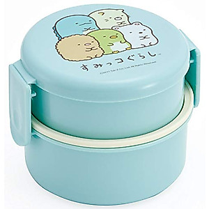 Skater Sumikkogurashi 2 Tier Round Bento Lunch Box with Folk (17oz) - Authentic Japanese Design - Microwave Safe - Blue