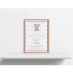 Elephant Baby Shower Invitations Stripes Pink It's a Girl l Little Peanut Invites Customized Personalized Printed (12 Count)