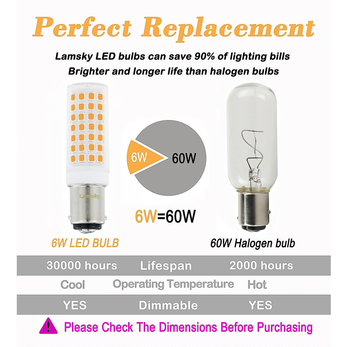 Lamsky BA15D Led Bulbs 6W Dimmable 120V,B15 Double Contact Bayonet Base,Soft Warm White 3000K,60W JD Type T3/T4 Halogen Equivalent Replaces for Pendants Ceiling Fans Sewing Machine Light(6-Pack)