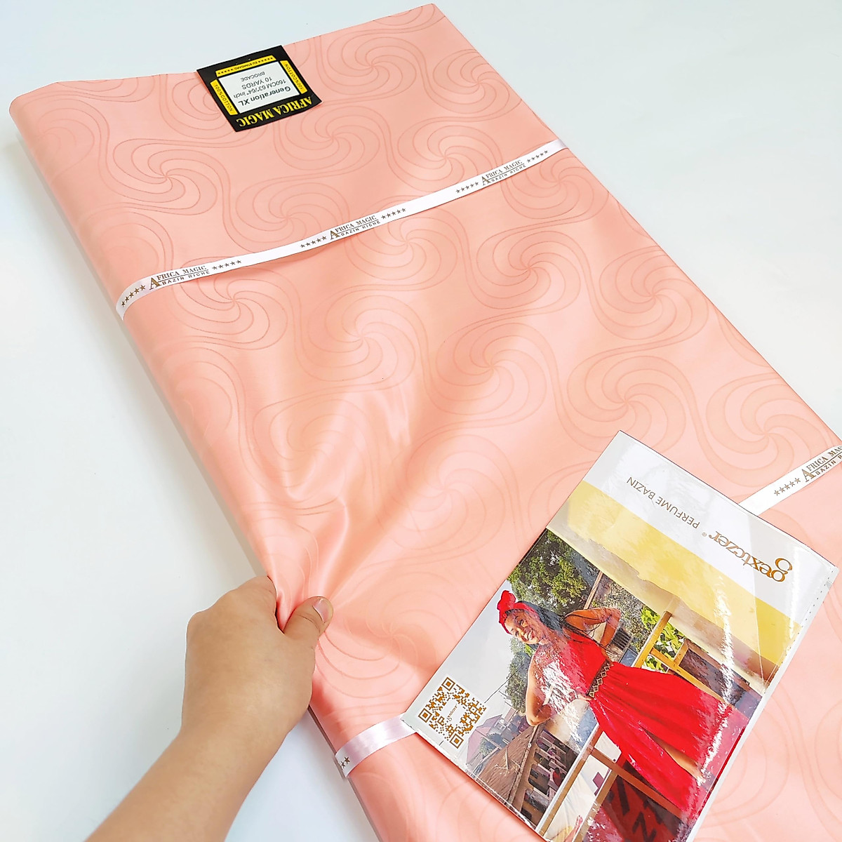 GeRRiT 5 Meters African 160cmXXL Shining Bazin Rihce Fabric for Men Or Women Traditional Wedding Dress Sewing Material Tiffany Blue Nigeria Senegal Mali Soft 100% Cotton Basin Rich Fabric (Peach)