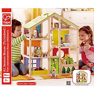 All Seasons Kids Wooden Dollhouse by Hape | Award Winning 3 Story Dolls House Toy with Furniture, Accessories, Movable Stairs and Reversible Season Theme L: 23.6, W: 11.8, H: 28.9 inch