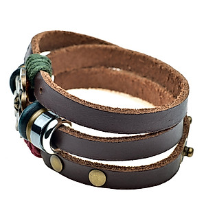 CELOKIY Women's Boho Brown Leather Wrap Bracelet with Brass/Bronze Lotus Flower Stack Trendy Jewelry