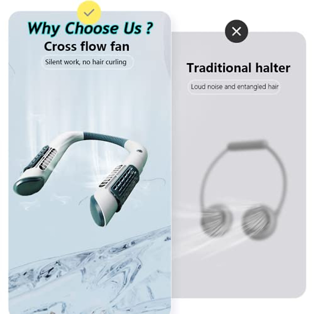 Howkes Portable Neck Fan, Hands Free Bladeless Fan, 2000 mAh Battery Operated Wearable Personal Fan, Leafless, Rechargeable,USB Charging Personal Fan,Strong Wind Neck Fan,3 Speeds-(Blue,White)