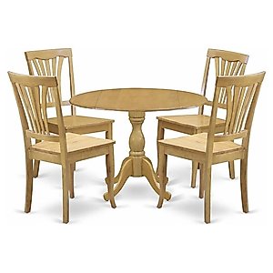 East West Furniture DMAV5-OAK-W 5 Piece Dinette Set for 4 Includes a Round Dining Room Table with Dropleaf and 4 Kitchen Dining Chairs, 42x42 Inch, Oak