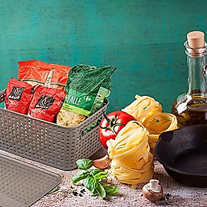 EZOWare Set of 8 Lidded Storage Bins, Large Plastic Stackable Weaving Wicker Basket Box Containers with Lid and Handle, (15.4" x 10.5" x 6.7" + 11" x 7.3" x 5.1")