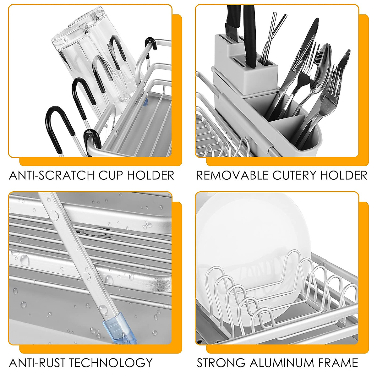 Linkidea Aluminum Dish Drying Rack, 16.9" x 12.6" Compact Rustproof Dish Rack and Drainboard Set, Dish Drainer Strainers with Adjustable Drainage and Removable Cutlery and Cup Holder Fit Kitchen