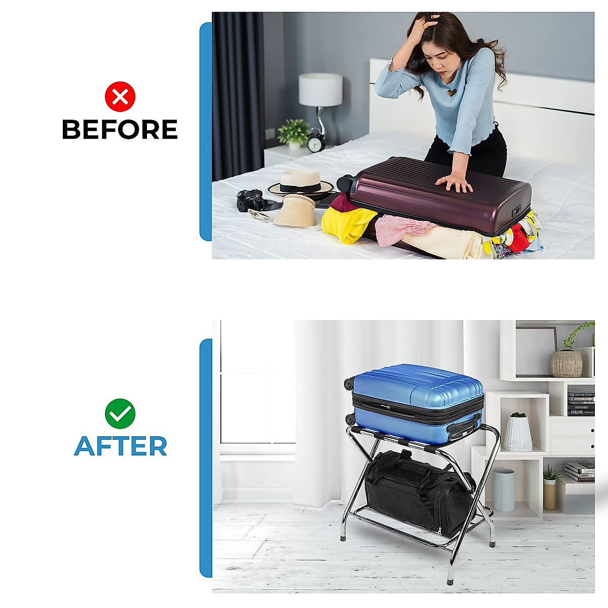 Foldable Luggage Rack, Metal Suitcase Stand for Guest Room, Heavy Duty Luggage Rack for Bedrooms, Hotels, Travel | Folding Luggage Racks for Suitcases and Storage (Double Rack (DIY), Pack of 2)