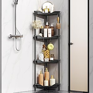 Mystozer Standing Shower Caddy 4 Tier Floor Standing Corner Shower Caddy Organizer, Plastic Metal Splicing Floor Corner Shelf Rack Storage Stands for Bathroom,10.8 x 10.8 x 44.6 inches, Black