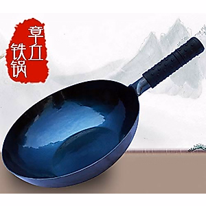 Bingmao Chinese Hand Hammered Iron Wok and Stir Fry Pans,Non-stick,No Coating,Less Oil,Flat Bottom Induction Suitable (34CM/13.4 inch DIAMETER)