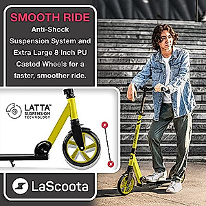 LaScoota Kick Scooter for Adults & Teens. Perfect for Youth 12 Years and Up and Men & Women. Lightweight Foldable Adult Scooter with Large 8” Wheels 220lbs (Regular (Teen), Yellow)