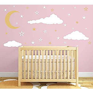 Moon, Stars and Clouds Wall Decals, Kids Wall Decoration, Nursery Wall Decal, Wall Decal for Nursery, Vinyl Wall Stickers for Children Baby Kids Boys Girls Bedroom Y08 (White,Gold)