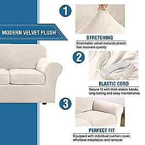 H.VERSAILTEX Modern Velvet Plush 4 Piece High Stretch Sofa Slipcover Sofa Cover Furniture Protector Form Fit Luxury Thick Velvet Sofa Cover for 3 Cushion Couch, Machine Washable (Sofa,Ivory)