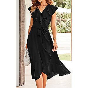 PRETTYGARDEN Women's Summer Wrap Maxi Dress Casual Boho Deep V Neck Short Sleeve Ruffle Hem Split Beach Long Dresses (Black,Large)