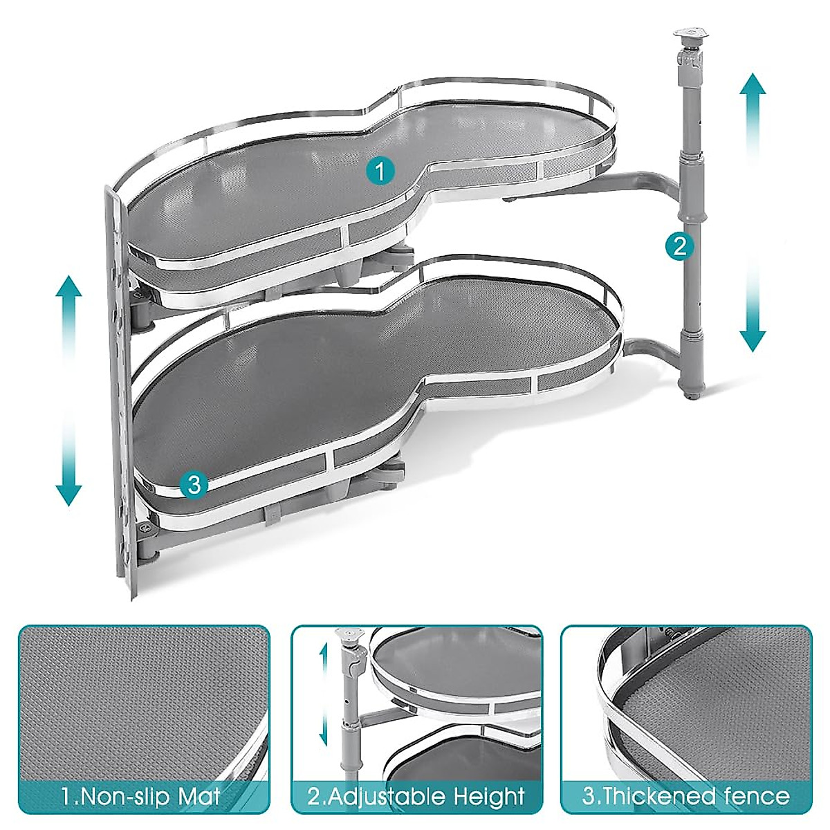 Corner Blinds, 2 Tier Adjustable Swing Pull Out Organizer with Strong Load Bearing, Smoothly Rotation, Maximizes Space, Wide Usage for Blind Corner Cabinet (Right Open)