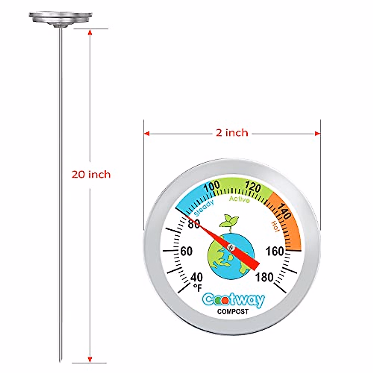 Rukars Compost Thermometer, 20 Inch Stem Backyard Compost Thermometer - 2 Inch Diameter Waterproof Anti-Fog Soil Testing Thermometer with Composting Temperature Guide Zone, 40 to 180 Degrees F