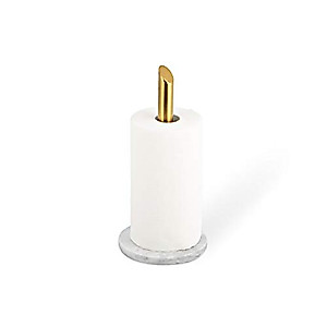 ROOMOXIE Marble Paper Towel Holder Stand Angled Golden Steel Rod with Natural White Marble Base, Paper Towel Holder countertop 13 inch - Heavy Duty Weighted Paper Towel Holder