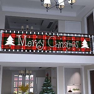 Large Merry Christmas Banner Xmas Outdoor Decorations Double Printed Green Red Buffalo Plaid Trees 120" x 20" Huge Yard Sign Holiday Party Supplies Backdrop Home Decor Ornaments for Garden House Fence Garage Indoor Gifts