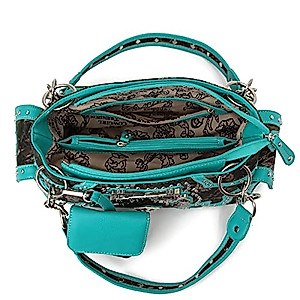 Cowgirl Trendy Camouflage Dual Pistol Western Studs Handbag Concealed Carry Purse Country Women Shoulder Bag Wallet Set (Turquoise Set)