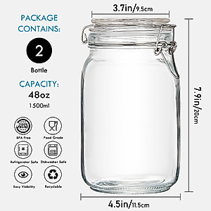 YEBODA 48oz Food Storage Canister Glass Jars with Clamp Airtight Lids and Silicone Gaskets for Multi-Purpose Kitchen Containers - Clear Square (2 Pack)