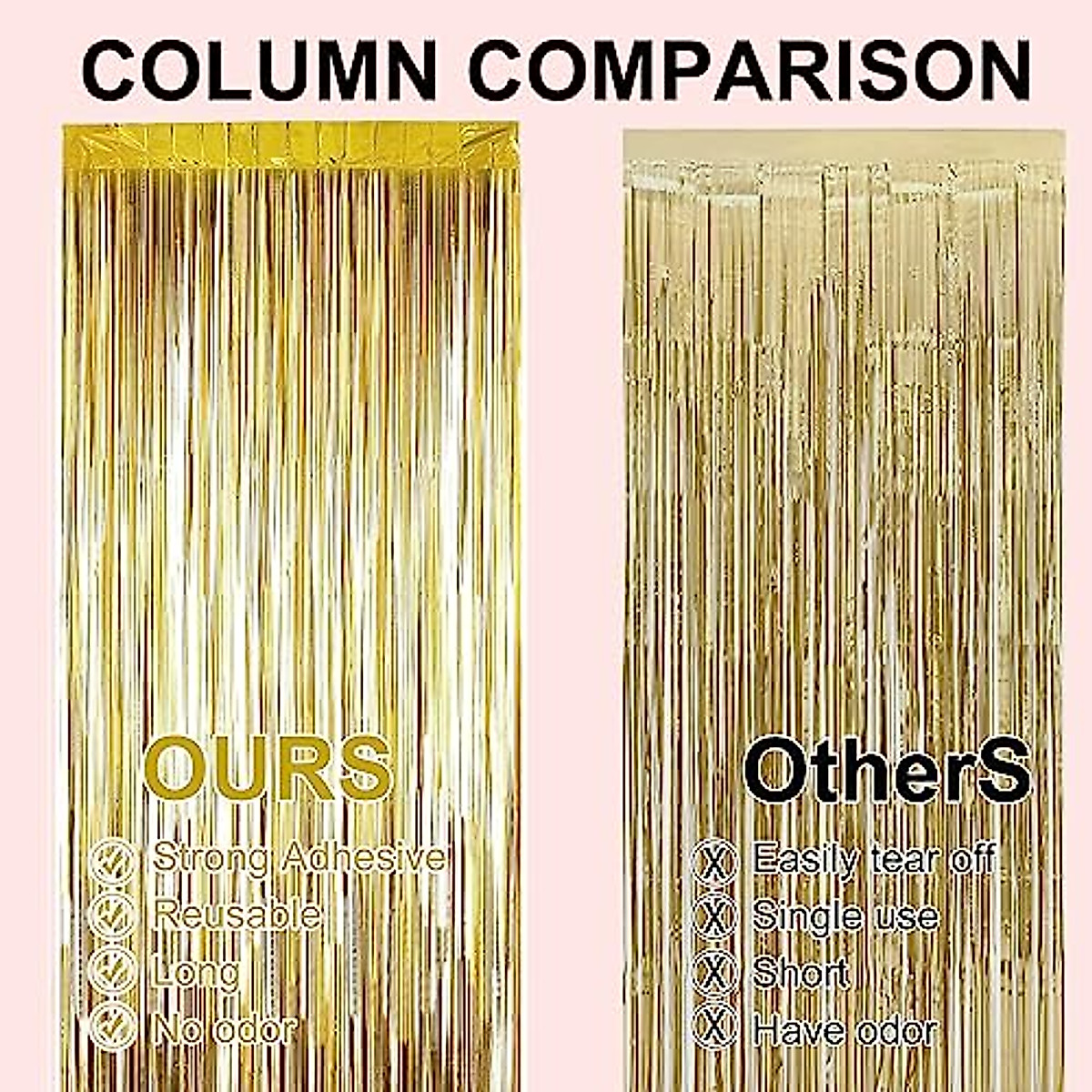 2 Pack 3.2 ft x 9.8 ft Champagne Gold Gold Tinsel Curtain Party Backdrop Decorations, Metallic Foil Fringe Backdrop Door for Birthday Graduation Wedding Party Streamers Photo Backdrop.