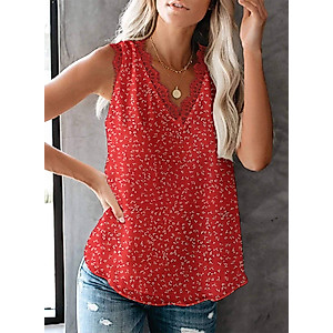 VIISHOW Women's V Neck Lace Trim Casual Tank Tops Sleeveless Blouses Shirts, Floral red, Large
