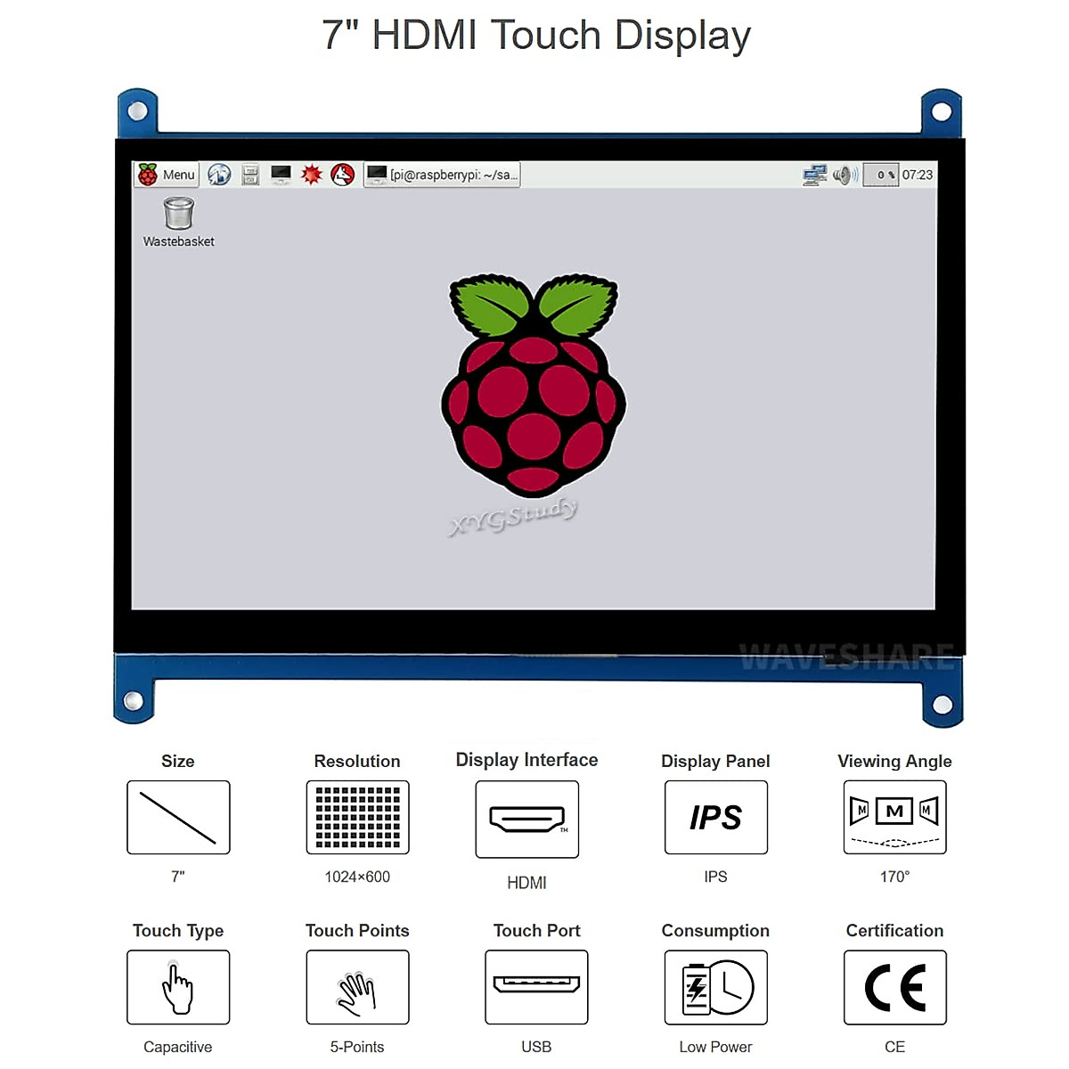 7inch HDMI LCD (C), HDMI Interface Raspbian LCD 1024 * 600 Capacitive Touch Screen Display Mini PC Supports Raspberry Pi 4 3 2 Model B B+ A+ & BeagleBone Black & Banana Pi/Pro @XYGStudy