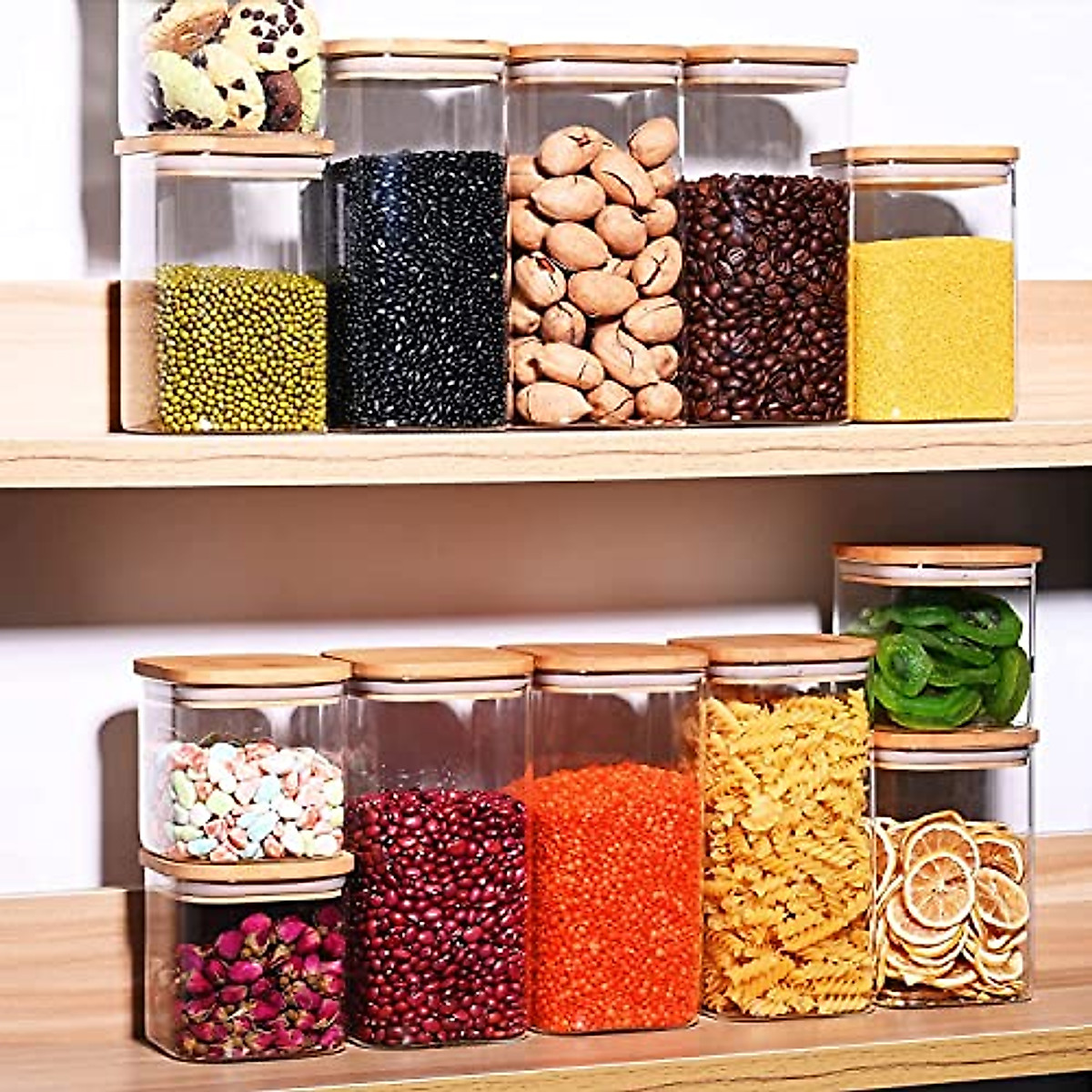 27oz Glass Food Storage Jars with Bamboo Lids, Clear Square Airtight Kitchen Storage Container Sets, Stackable Glass Pantry Food Canisters for kitchen Counter, Candy, Cookie, Rice, Cereal(Set of 6)