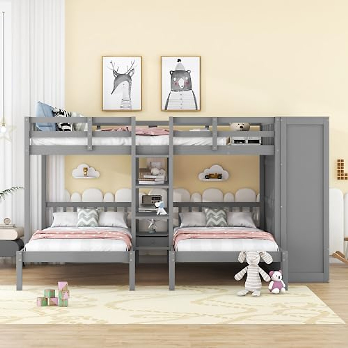 DEYOBED Full-Over-Twin-Twin Triple Bunk Bed with Large Wardrobe, Drawers and Shelves Storage, Wooden L-Shaped Bunk Beds with Mirror for Kids Teens Adults, Ideal Bedroom Furniture, Gray