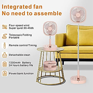 Portable Pedestal Fan - Foldaway Standing Fan Foldable Desk Fan, Wireless Use 7200Mah Rechargeable Battery, Remote Control Telescopic 4 Speed Quiet Timer Fan for Home Kitchen Outdoor Camping (Pink)