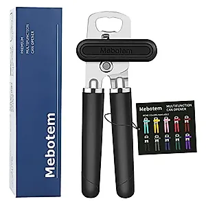 Mebotem 10 Colors Can Opener Manual Handheld Heavy Duty Hand Can Opener Smooth Edge Stainless Steel Can Openers Top Lid Kitchen Gadgets, Best Large Rated Easy Turn Knob, with Bottle Opener, Black