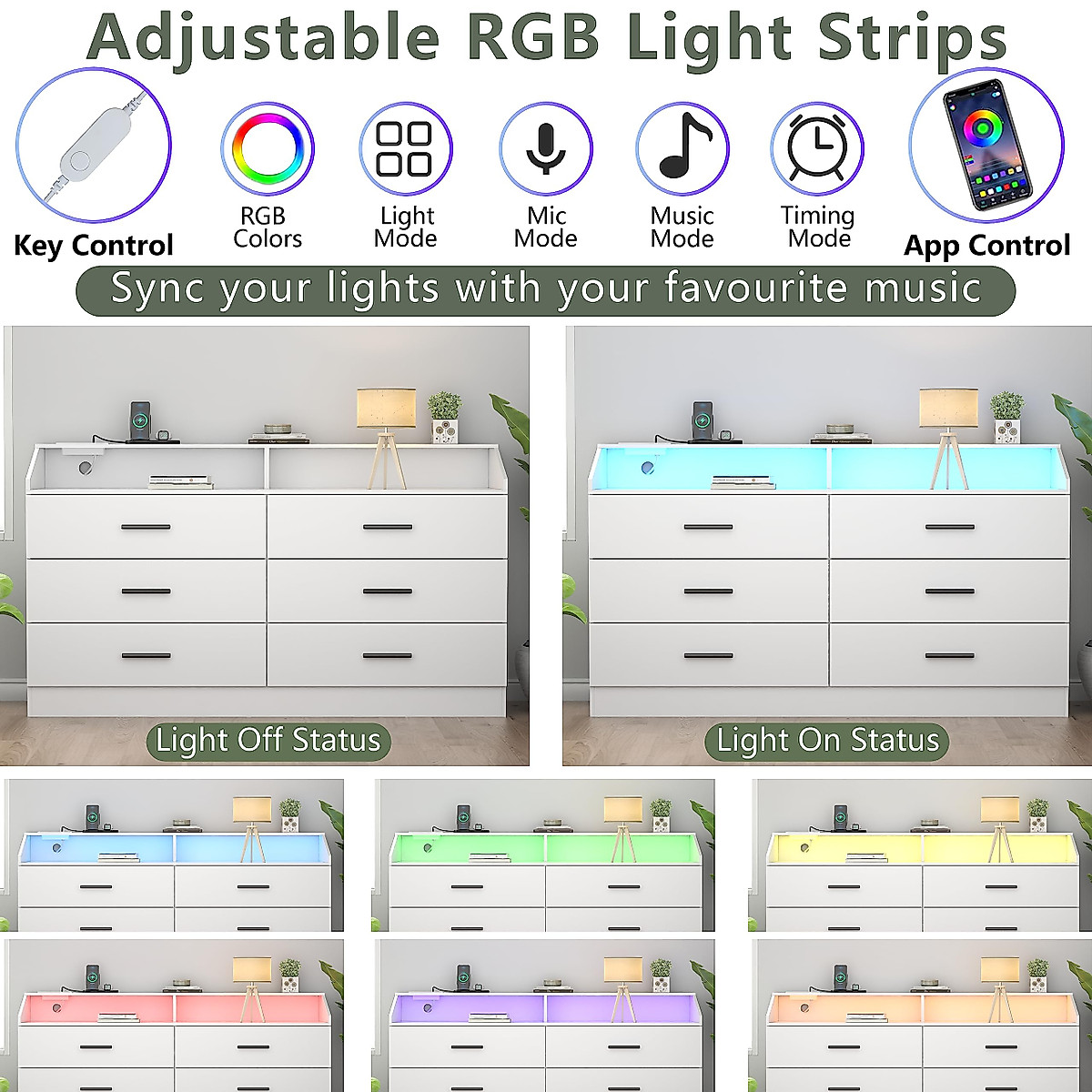 Gyfimoie 6 Drawer Dresser with Power Outlet, Chest of Drawers with LED Light, Modern Dresser with Open Storage Cubby, Double Wide Dresser Organizer for Bedroom, Living Room, Entryway, Hallway