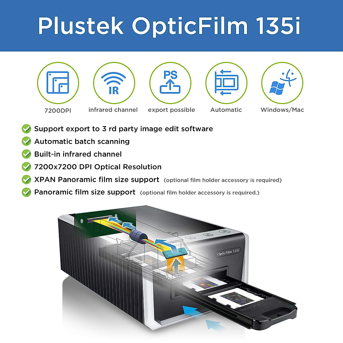 Plustek OpticFilm 135i - Automatic Film & Slide Scanner, Batch converts 35mm Slides & Film Negatives, Support 3rd Party Editing Software Export, Max. 7200 dpi