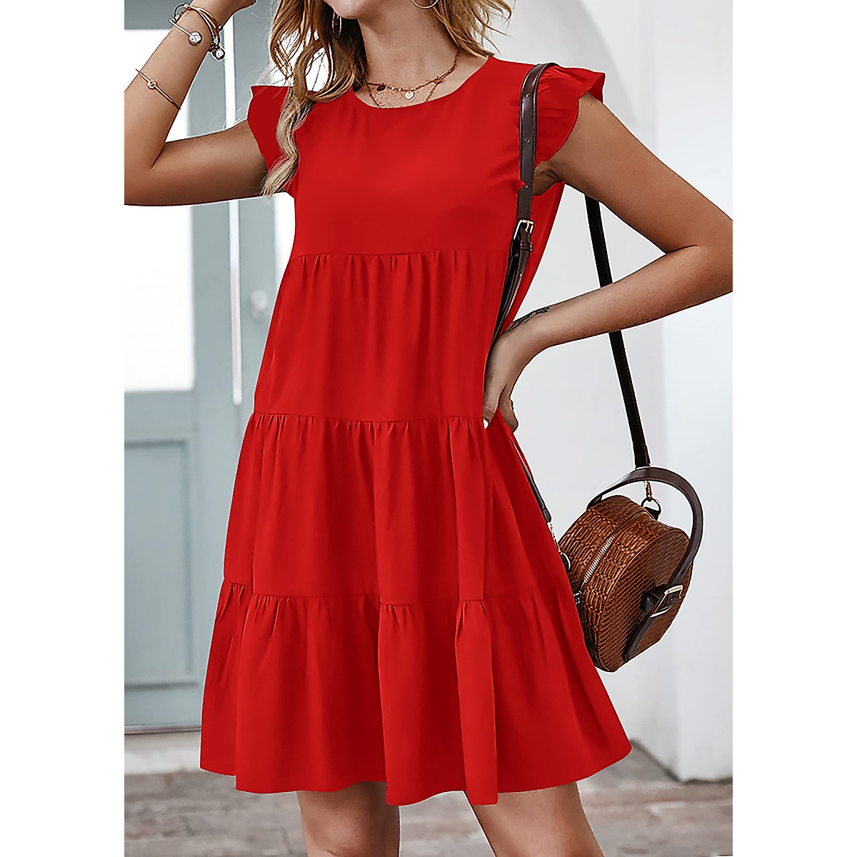 KIRUNDO Valentines Dress for Women Summer Sleeveless Ruffle Sleeve Round Neck Loose Short Flowy Pleated Mini Babydoll Sundresses, Red, Medium