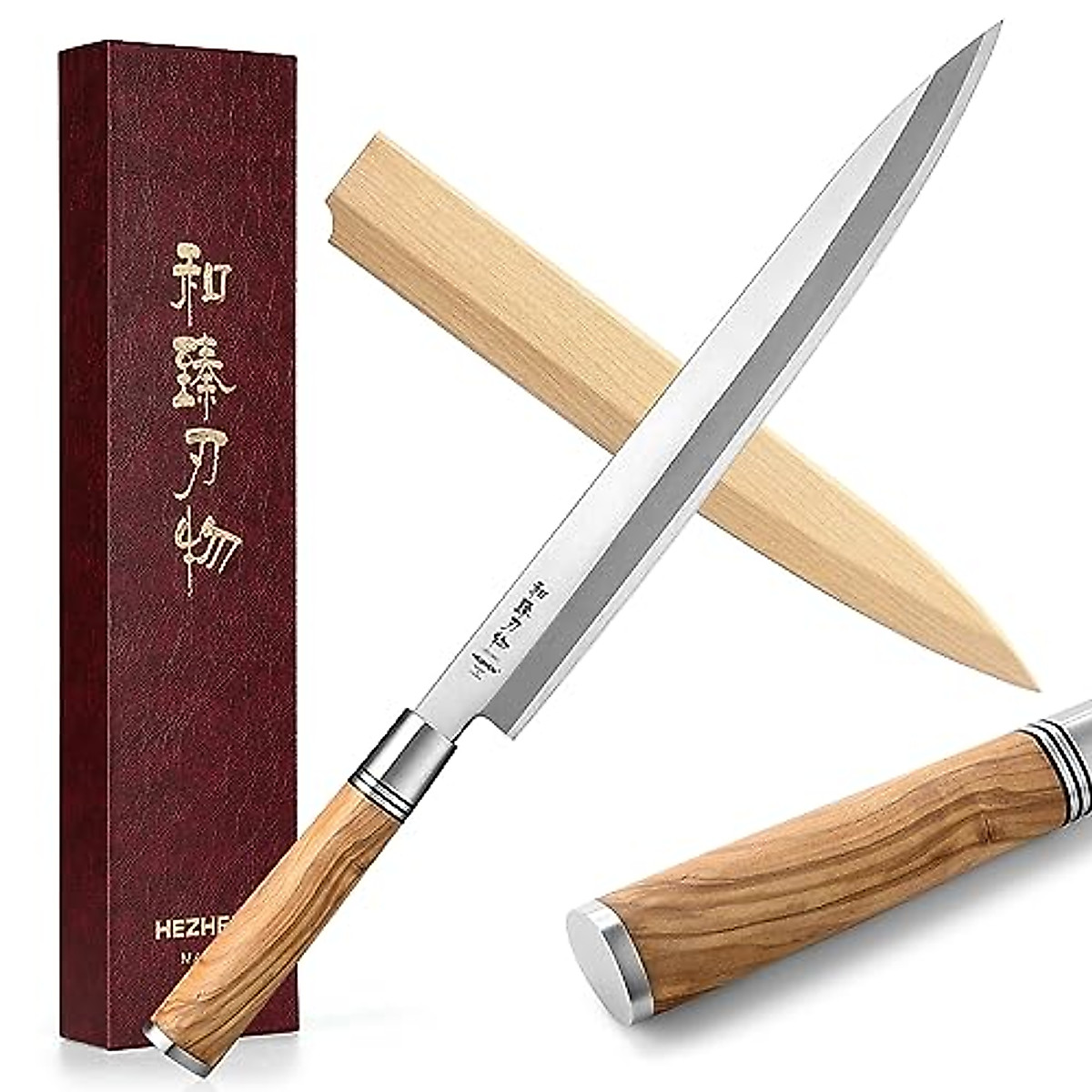 HEZHEN 300mm Sashimi Knife,Forged Steel Sushi Yanagiba Knife, Sushi Slicing, Wooden Handle Knife Case