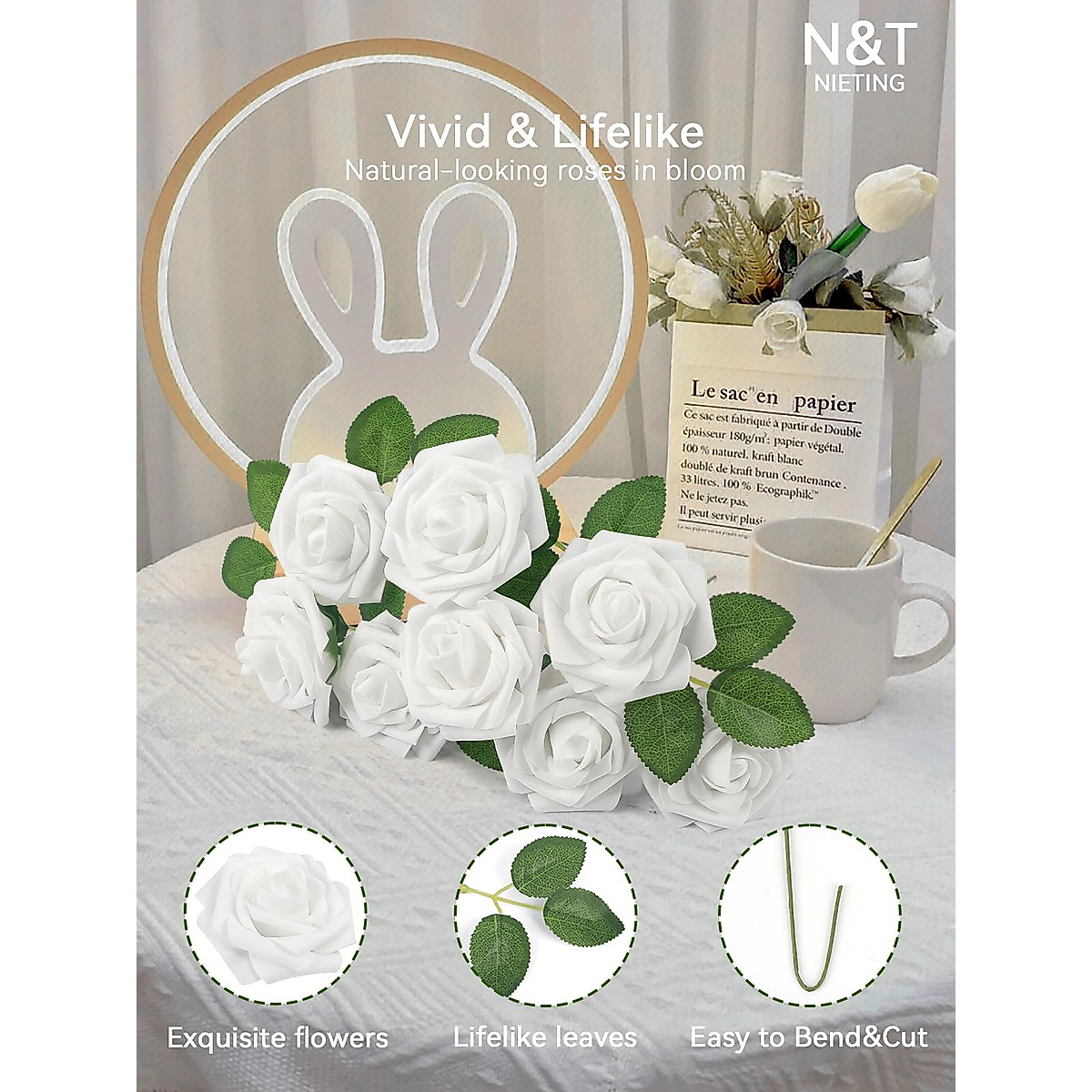 N&T NIETING Artificial Flowers, 25pcs Fake Flowers White Rose Perfect for DIY Wedding Bridesmaid Bridal Bouquets Centerpieces Home Flower Arrangement Decoration