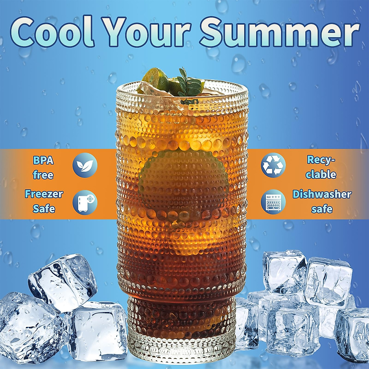 Romantic Highball Drinking Glasses Set of 4, Beaded Glassware, 16oz XL Hobnail Glassware, Vintage Glassware Set, Embossed Vintage Drinking Glasses for Beer, Cocktail, Soda, Beverage (16oz with lid)