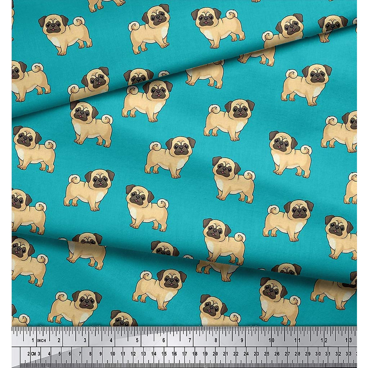 Soimoi Dressmaking Pug Dog Print 58 Inches Wide Decorative Cotton Cambric Fabric by The Yard - Aqua Blue