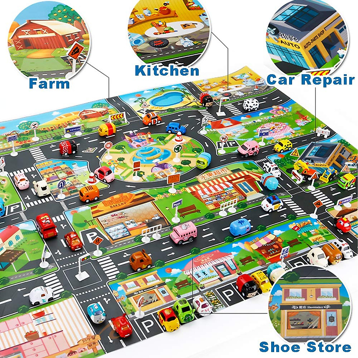 Plastic Toy Rug, Self Cleaning Oil Free Cloth,Washable for Floor Or Table,Kids Carpet PVC City Life,Educational Road Traffic Play Mat Learning Carpets for Kids