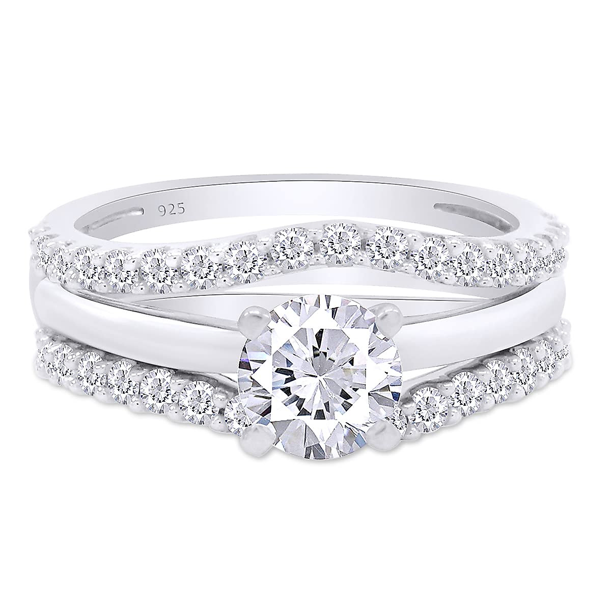 AFFY Round White Cubic Zirconia Enhancer Guard Ring In 14K White Gold Over Sterling Silver Jewelry For Women (1.00 Cttw) Ring Size-9.5